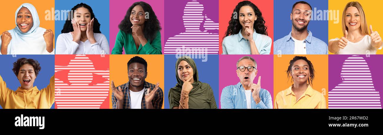 Surprised, glad, excited young, adult and old diverse people on colored ...