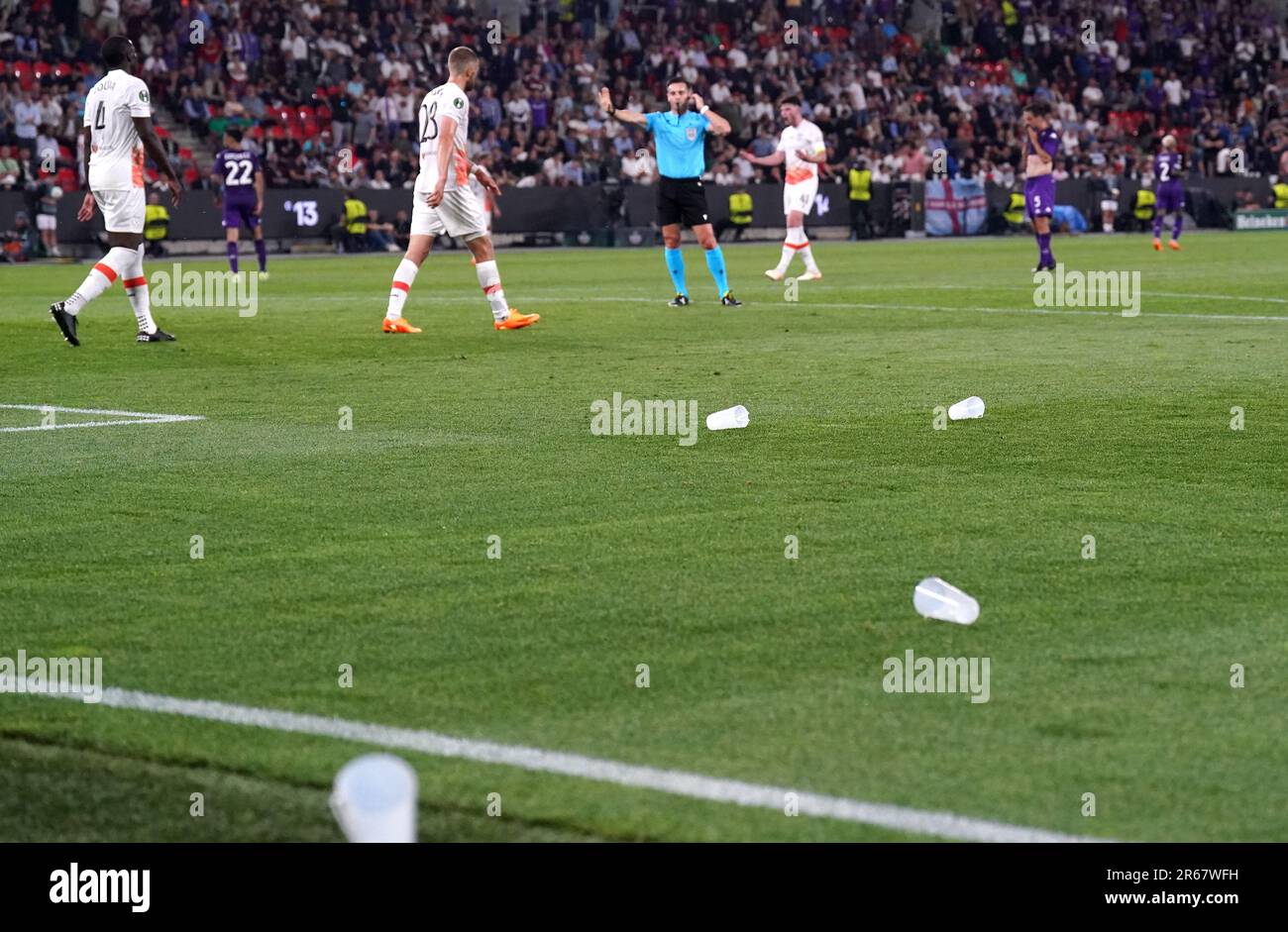 General view of plastic cups on the field during the UEFA Europa ...