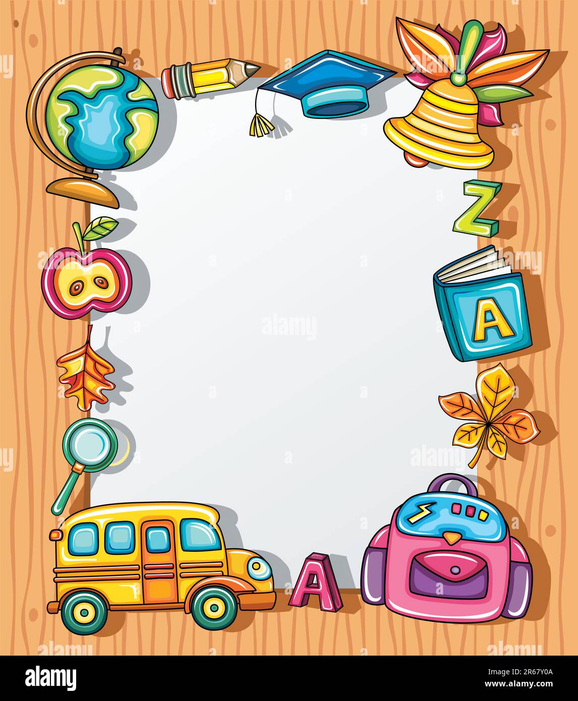 Cute frame with colorful school icons, isolated on wooden background ...