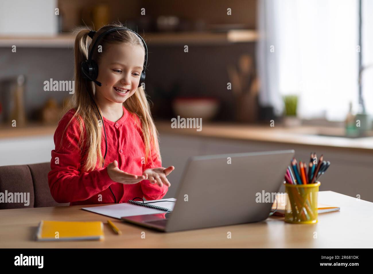 Language Learning. Cute Little Girl Having Online Lesson With English ...