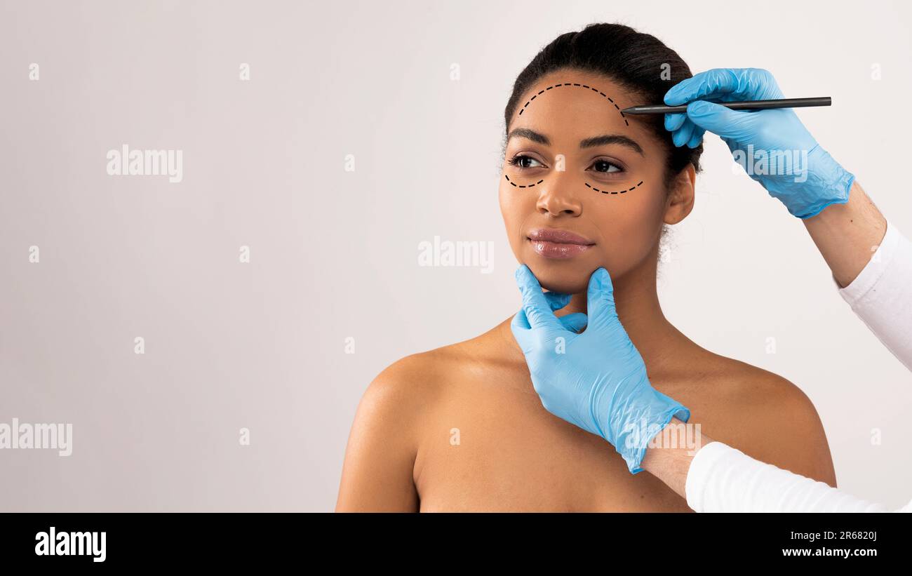 Attractive young woman getting plastic surgery facial treatment, copy ...