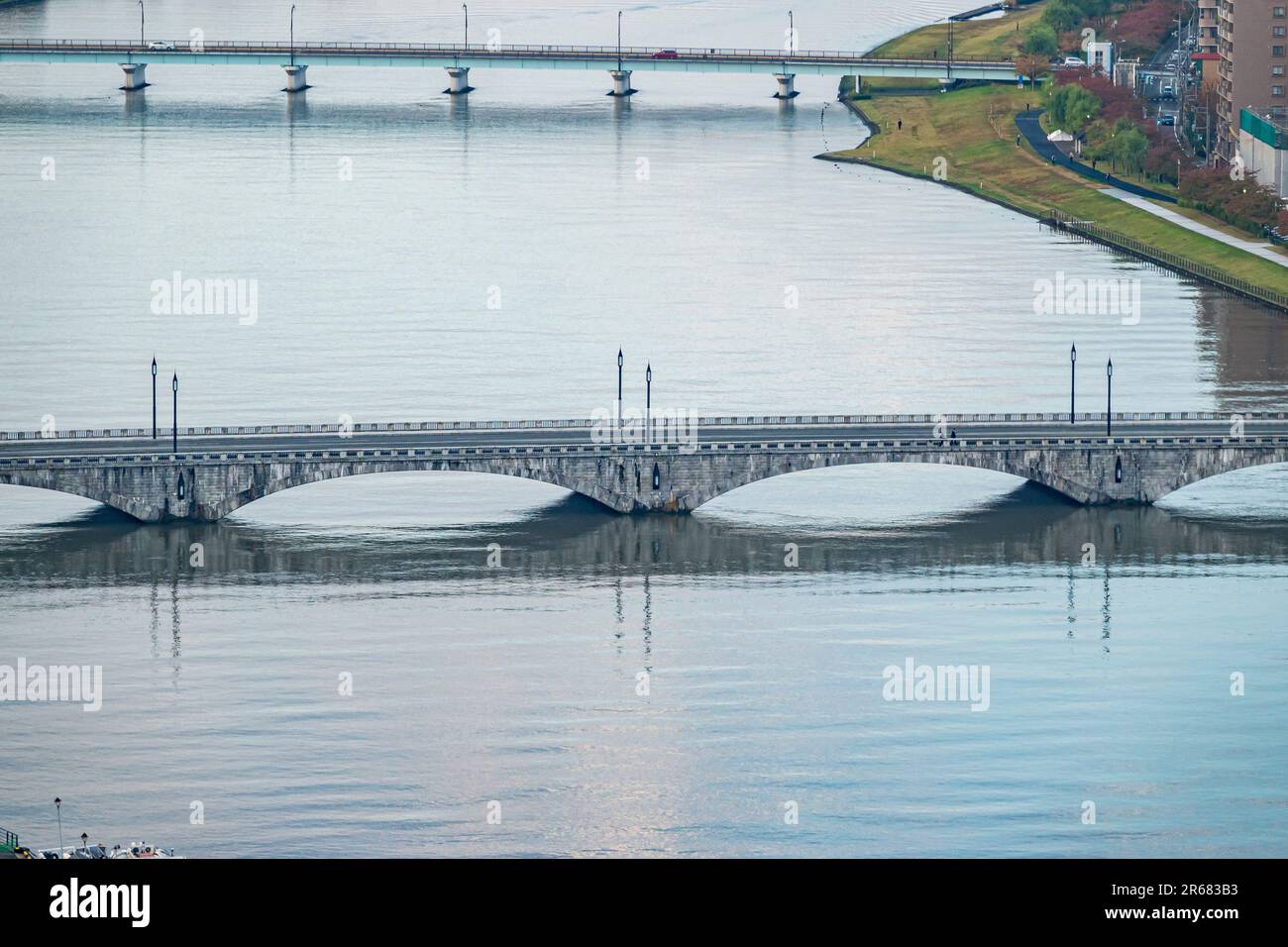 Historic Bandai Bridge and early morning scenery of Niigata Shinano ...