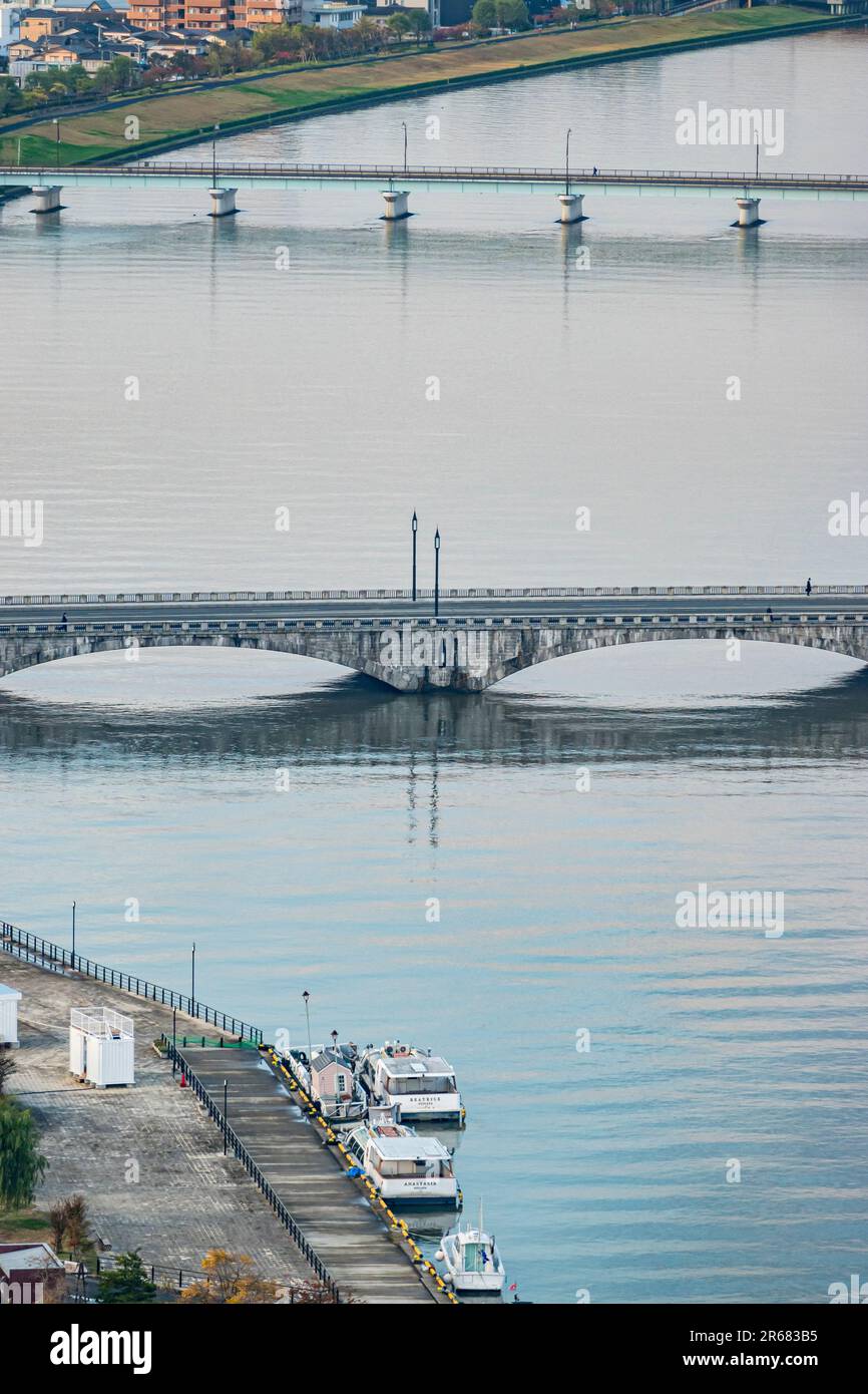 Historic Bandai Bridge and early morning scenery of Niigata Shinano ...