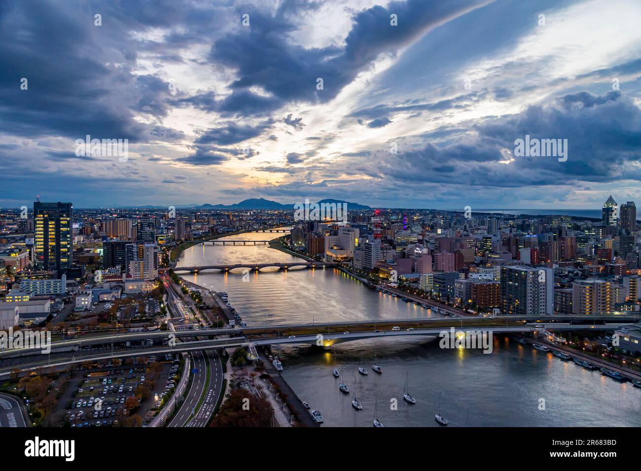 Historic Bandai Bridge and the beautiful night view along the Niigata ...