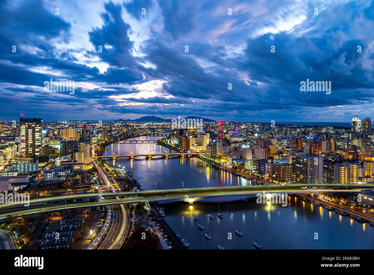 Historic Bandai Bridge and the beautiful night view along the Niigata ...