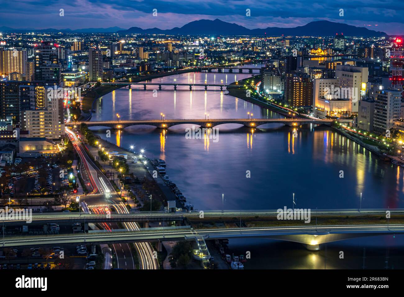 Historic Bandai Bridge and the beautiful night view along the Niigata ...