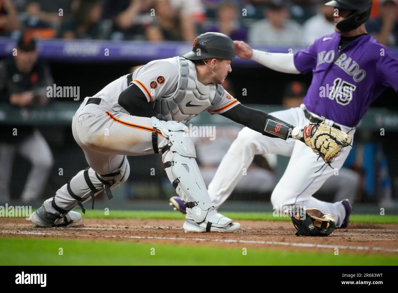 San Francisco Giants catcher Patrick Bailey (14) fields the throw as ...