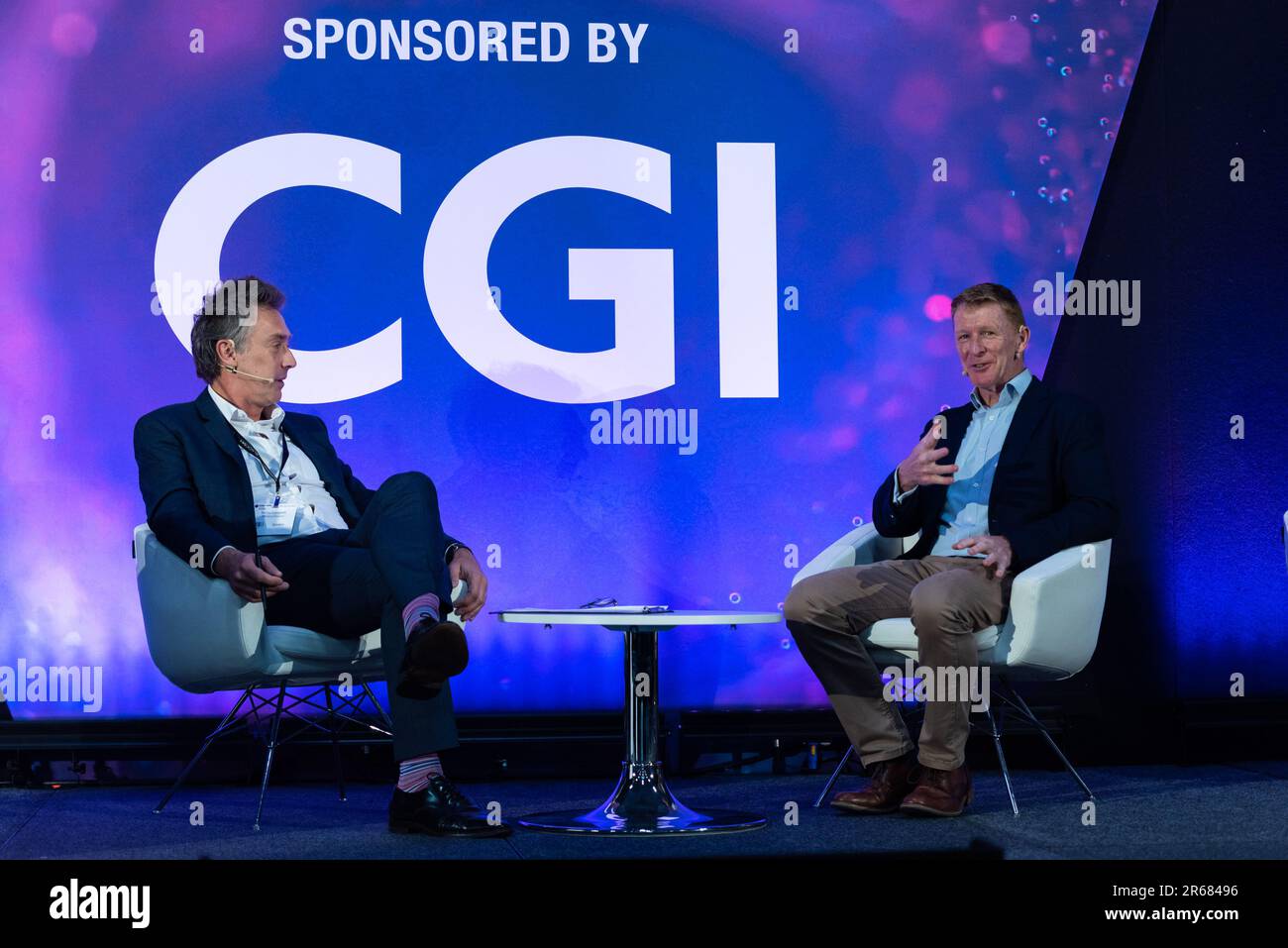 Astronaut Tim Peake speaking at Space-Comm Expo 2023 space technology event, Farnborough ...