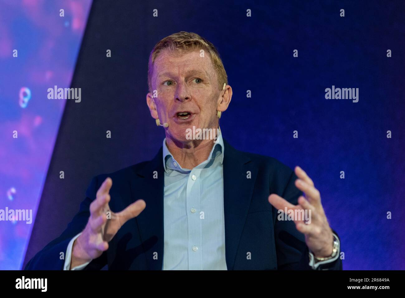 Astronaut Tim Peake speaking at Space-Comm Expo 2023 space technology event in the Farnborough ...