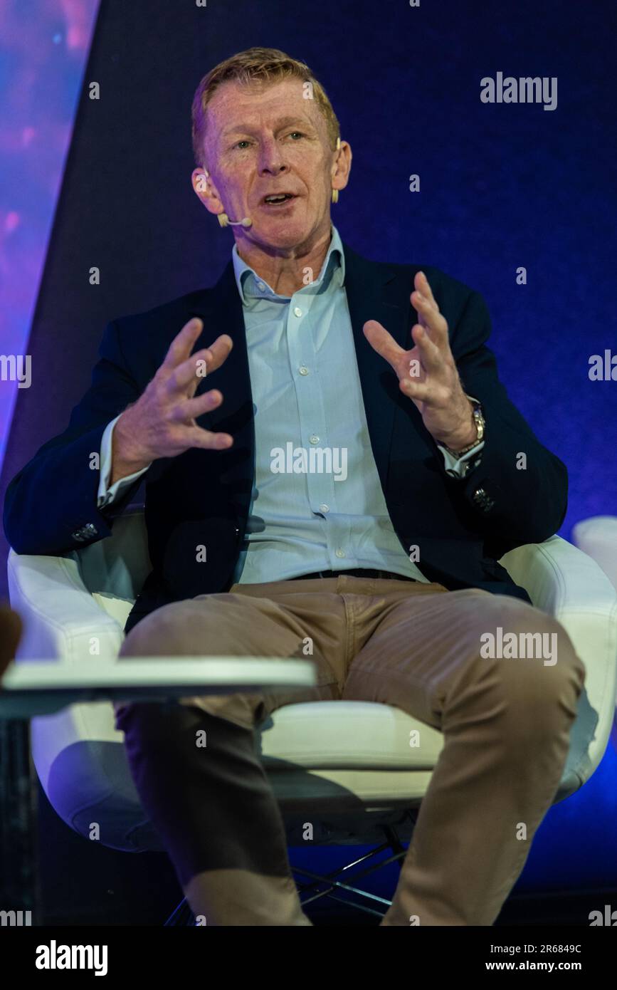 Astronaut Tim Peake speaking at Space-Comm Expo 2023 space technology event in the Farnborough ...