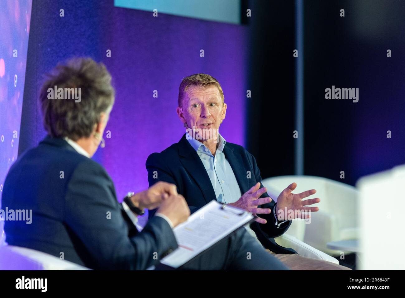 Astronaut Tim Peake speaking at Space-Comm Expo 2023 space technology event, Farnborough ...