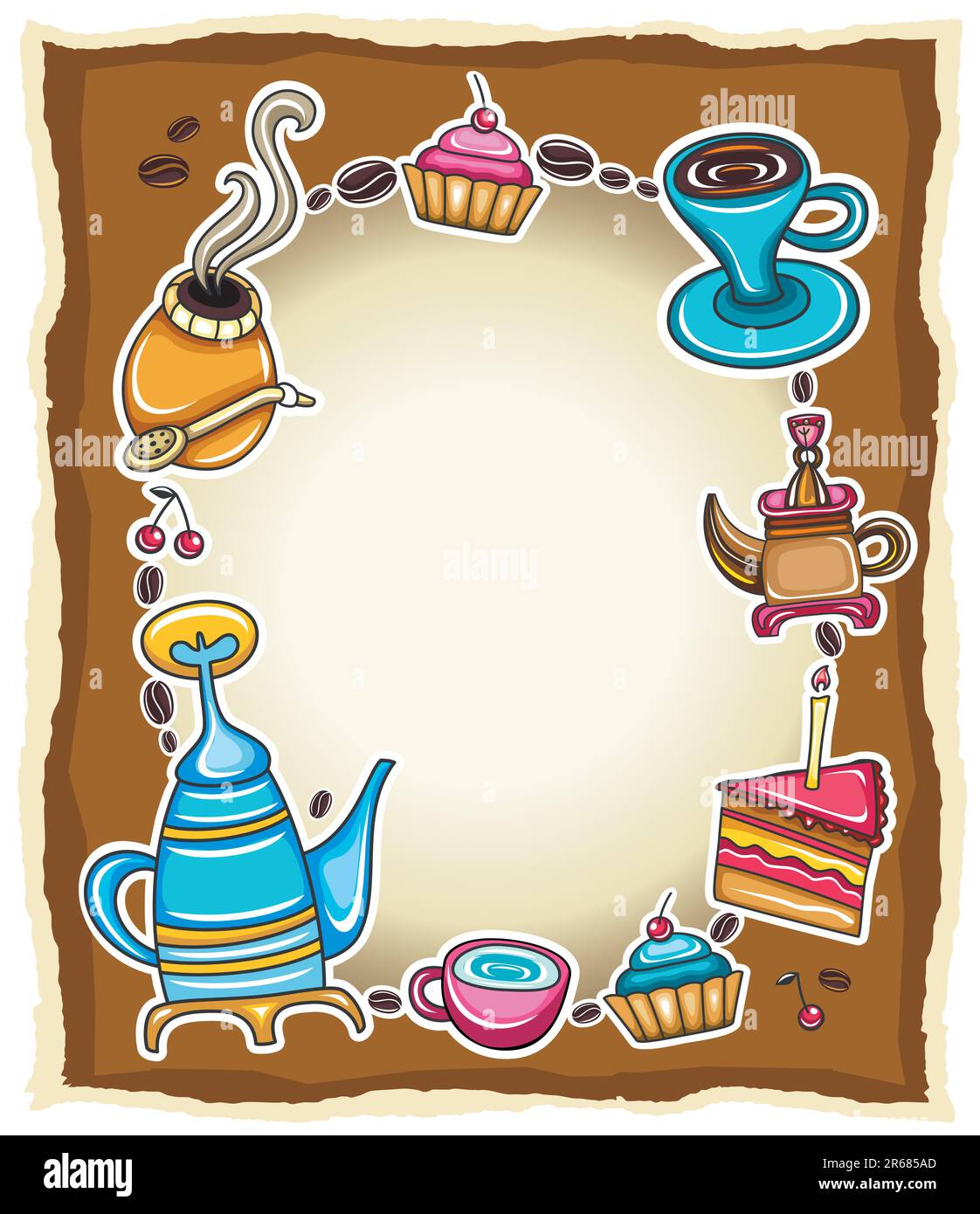Cute grunge frame with coffee, tea, cake, yerba mate symbols, isolated ...
