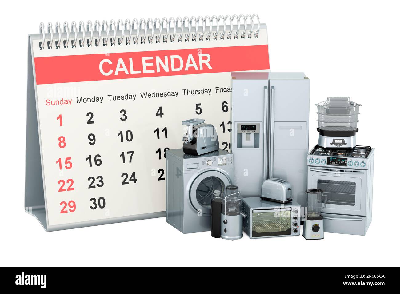 Kitchen and home appliance with desk calendar, 3D rendering isolated on ...
