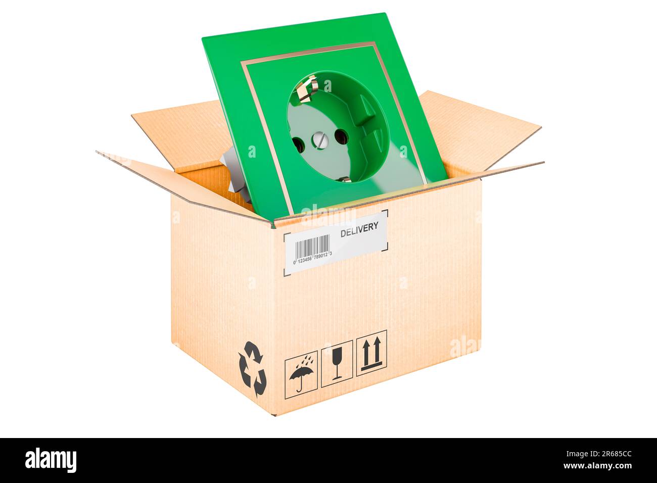 Electric socket inside cardboard box, delivery concept, 3D rendering ...