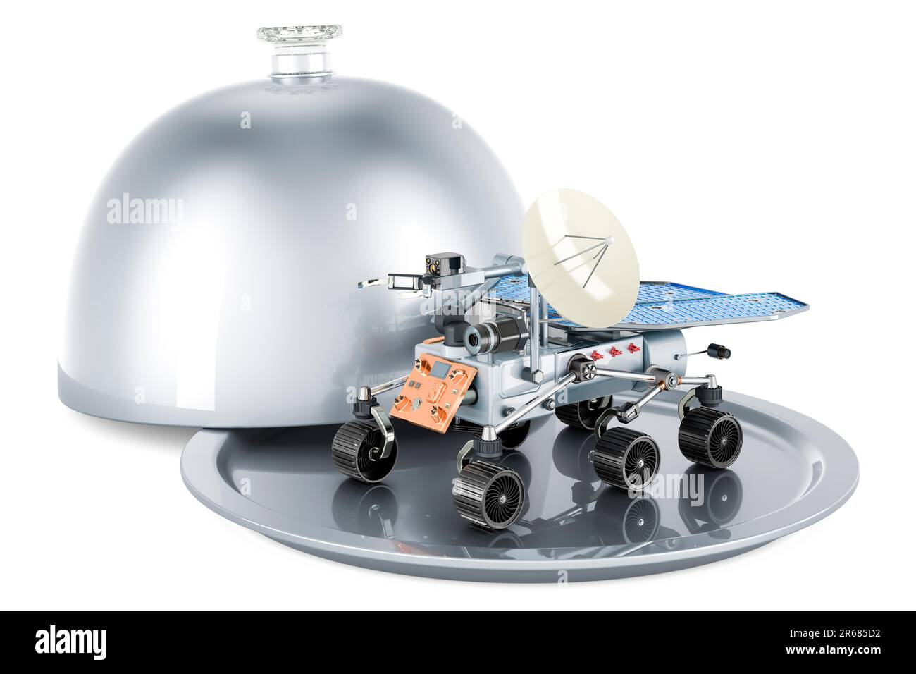 Restaurant cloche with planetary rover, 3D rendering isolated on white ...