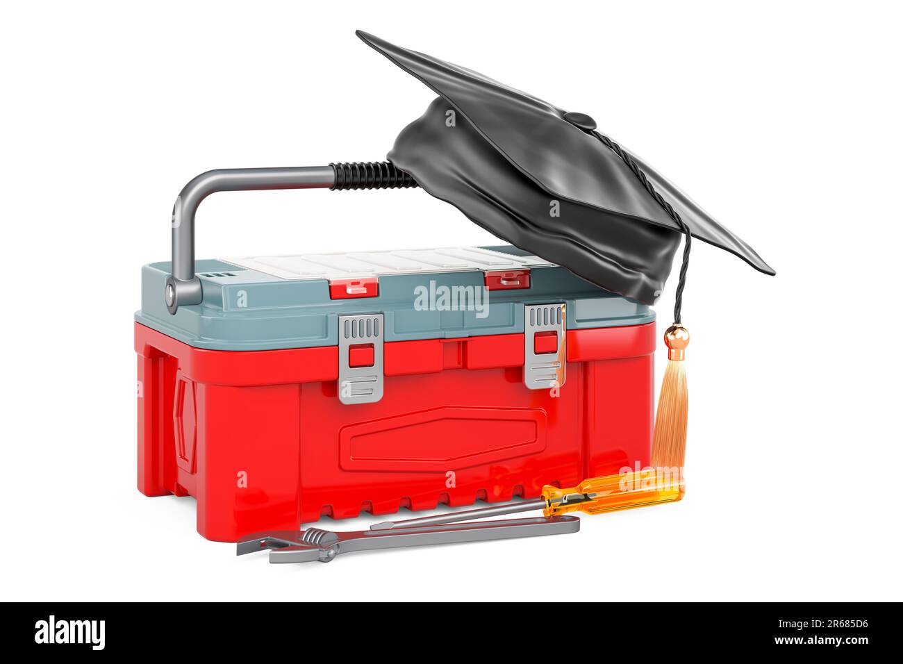 Toolbox with graduation hat. Construction workshop concept, 3D ...