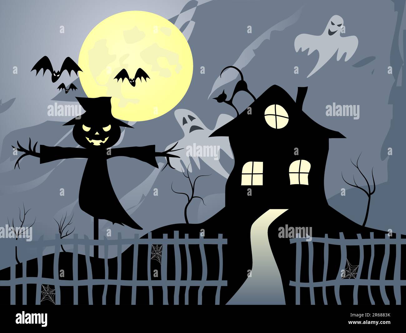 Vector picture about Halloween. Scarecrow, bats, scary house and full ...