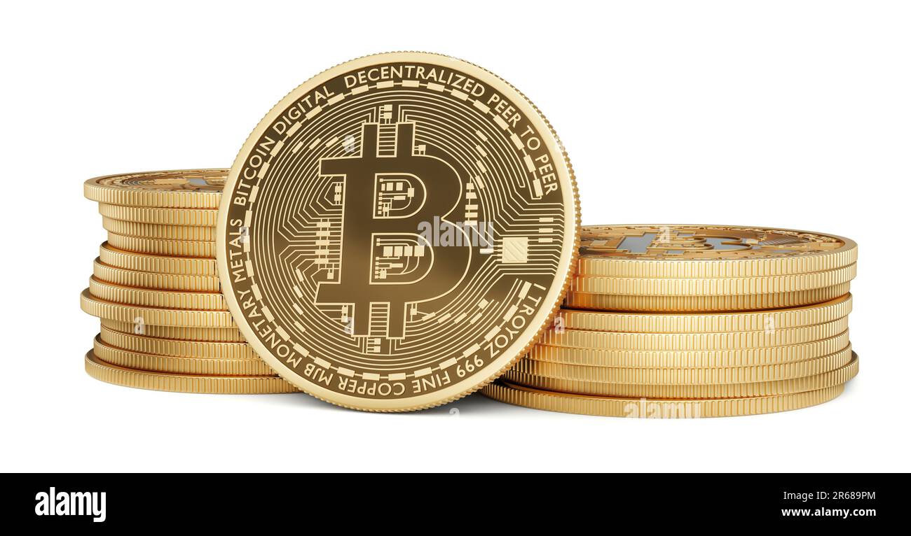 Golden coin stacks. Render 3D. Bitcoin. Cryptocurrency. Digital ...