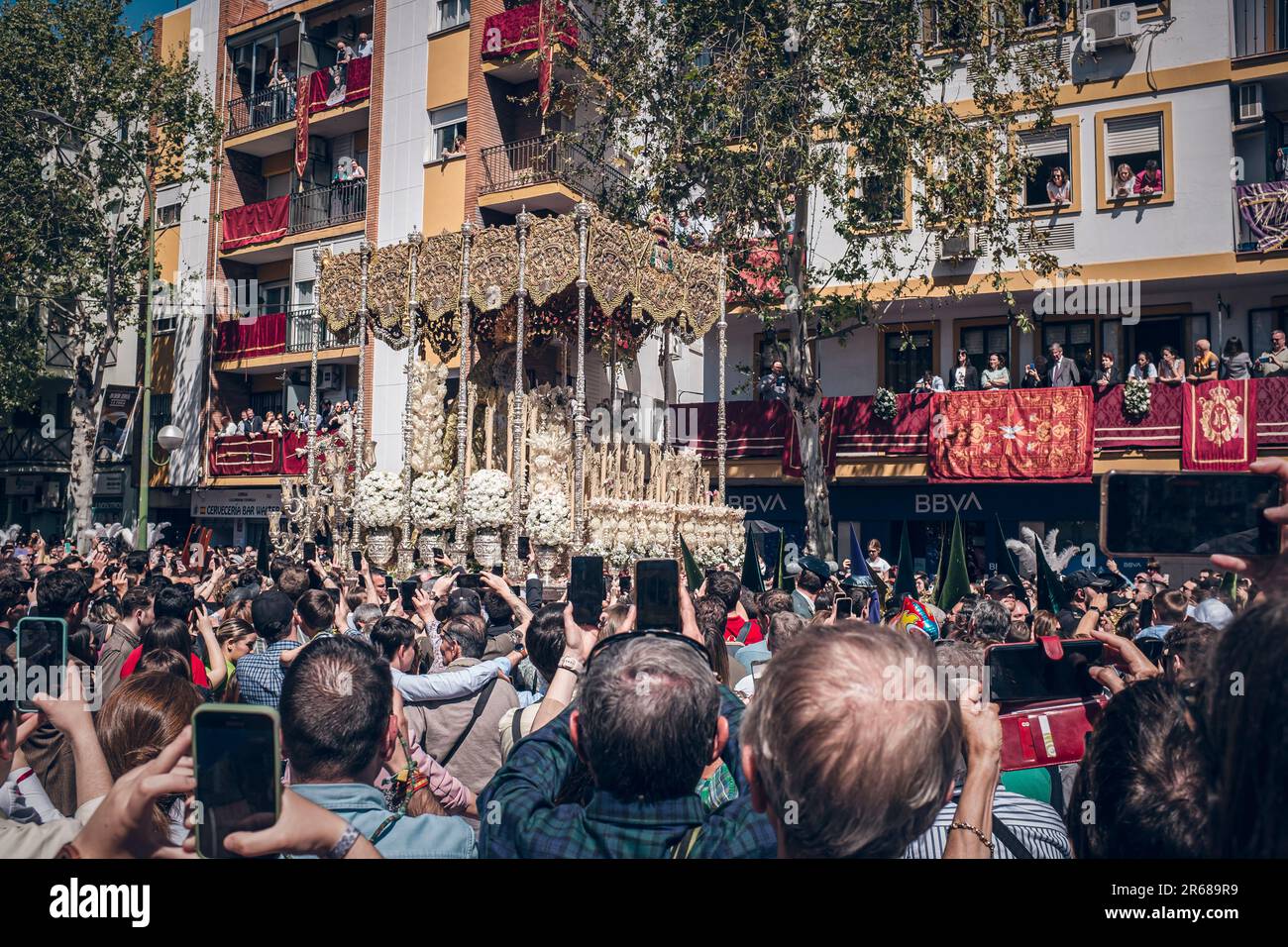 Virgen de la Macarena in the Holy Week procession through the streets ...