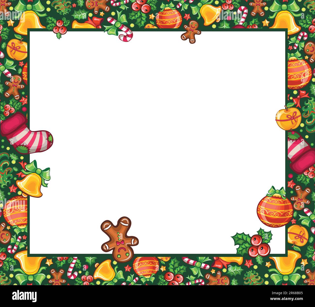 Christmas frame with colorful objects: Christmas tree, stocking, gift ...