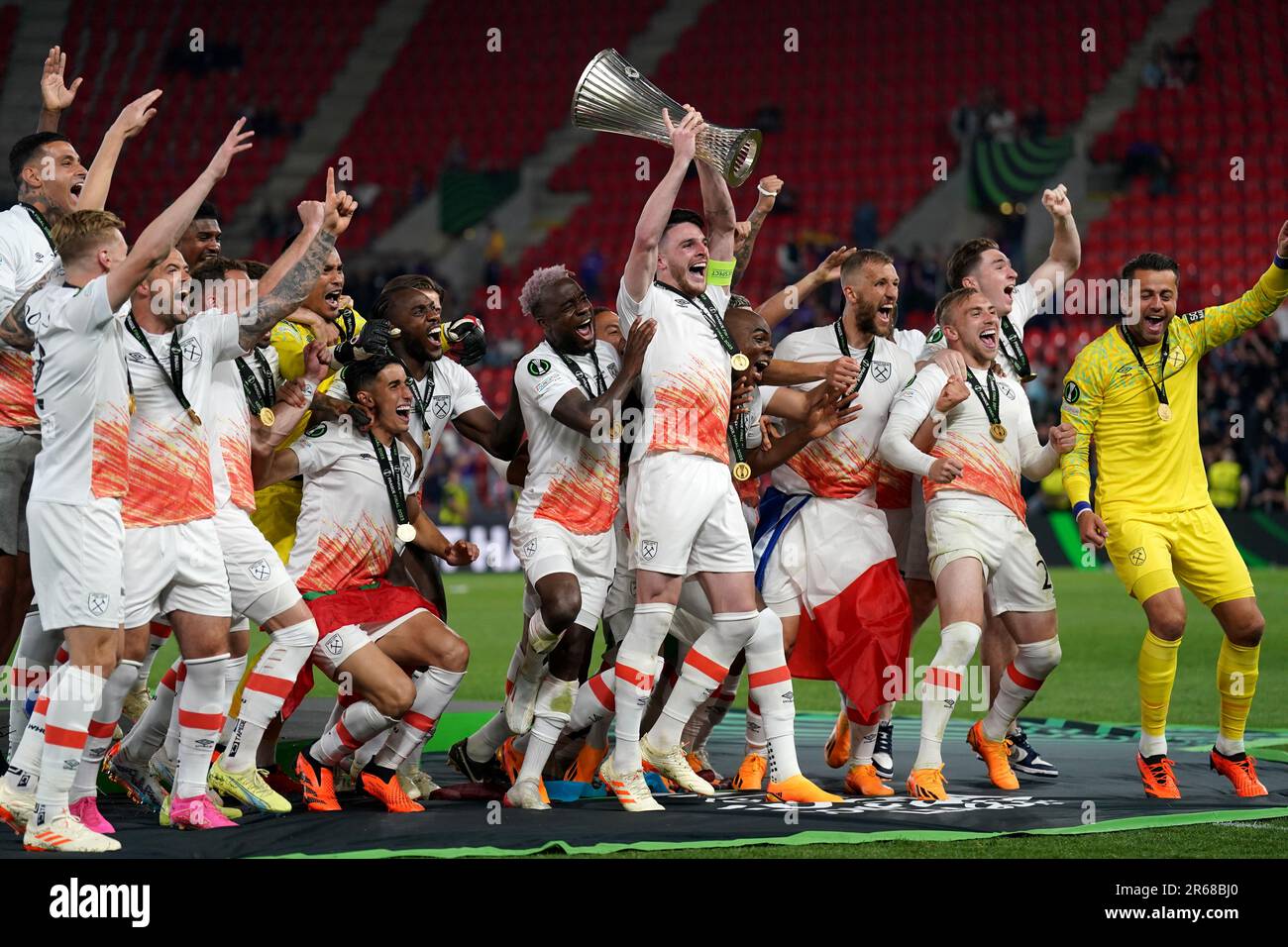West Ham United's Declan Rice lifts the UEFA Europa Conference League ...