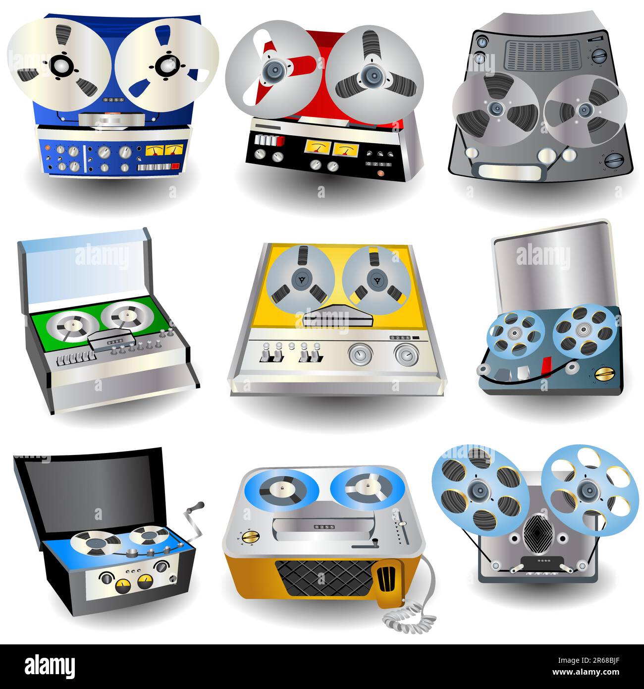 Colored vector illustration of nine different magnetophone icons Stock ...