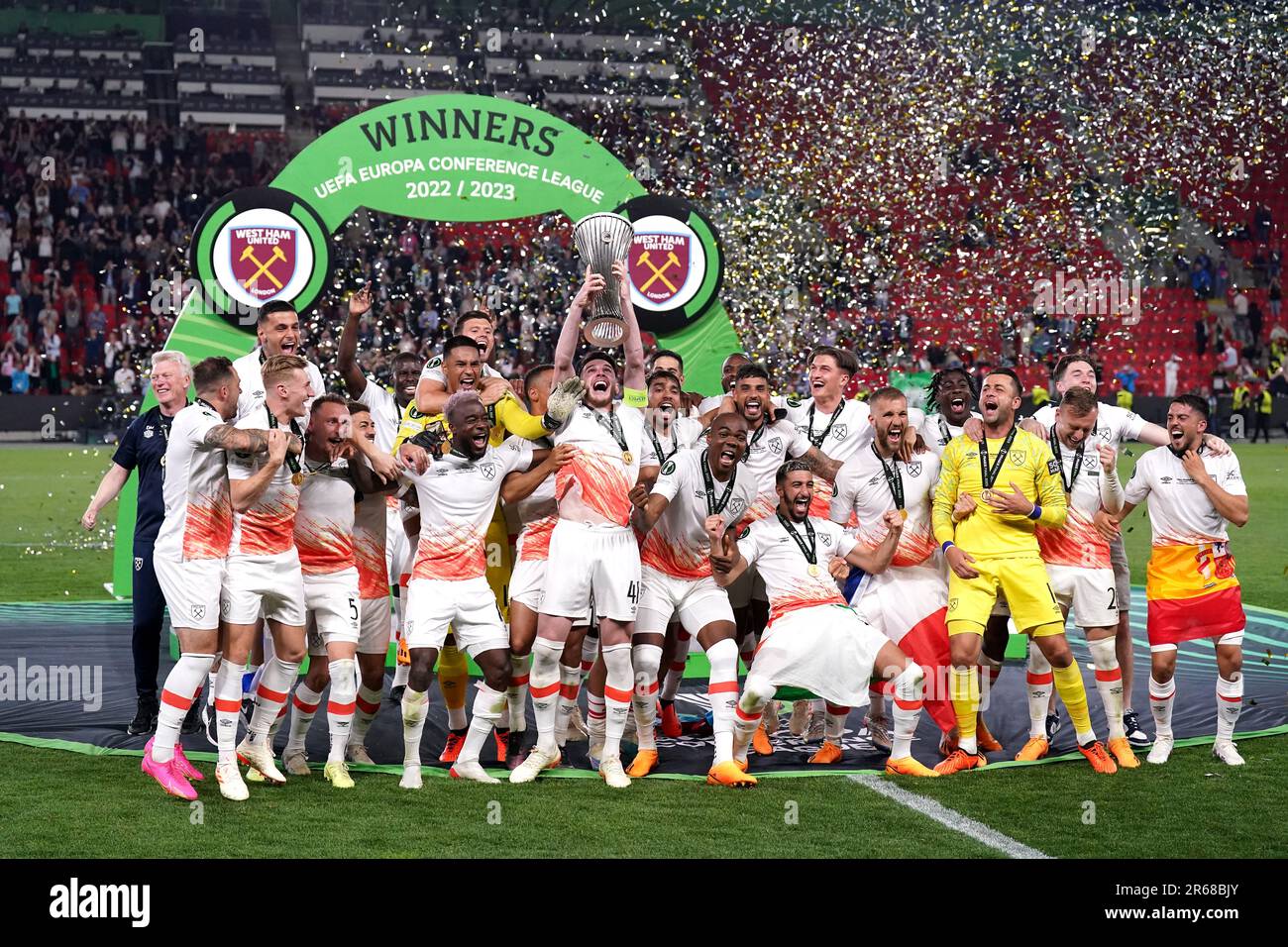 West Ham United's Declan Rice lifts the UEFA Europa Conference League ...