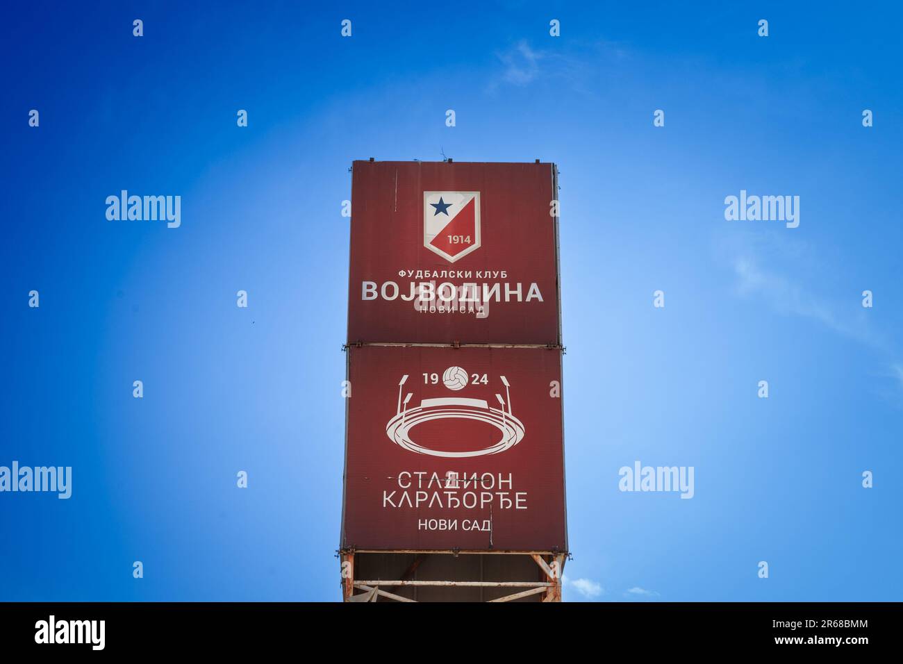 Picture of a sign with the logo of FK Vojvodina, on the karadjordje ...