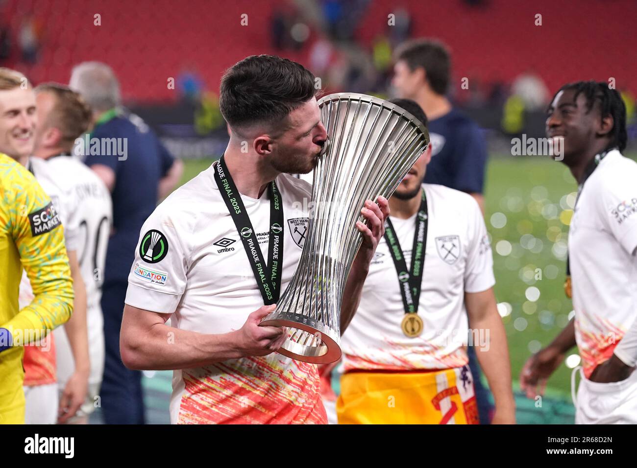 West Ham United's Declan Rice with the UEFA Europa Conference League ...