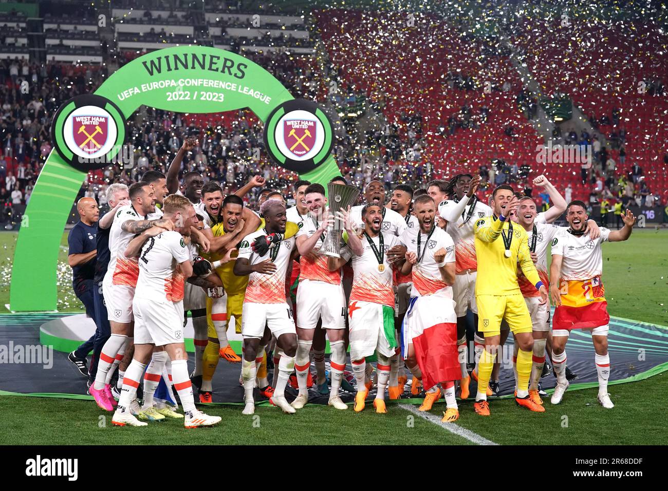West Ham United's Declan Rice lifts the UEFA Europa Conference League ...