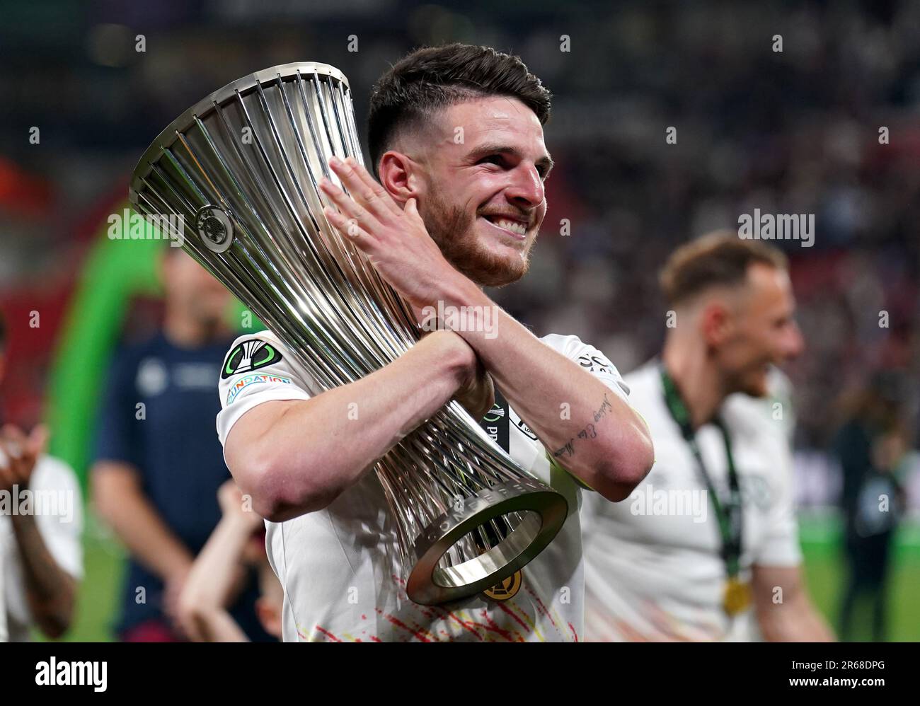 West Ham United's Declan Rice lifts the UEFA Europa Conference League ...