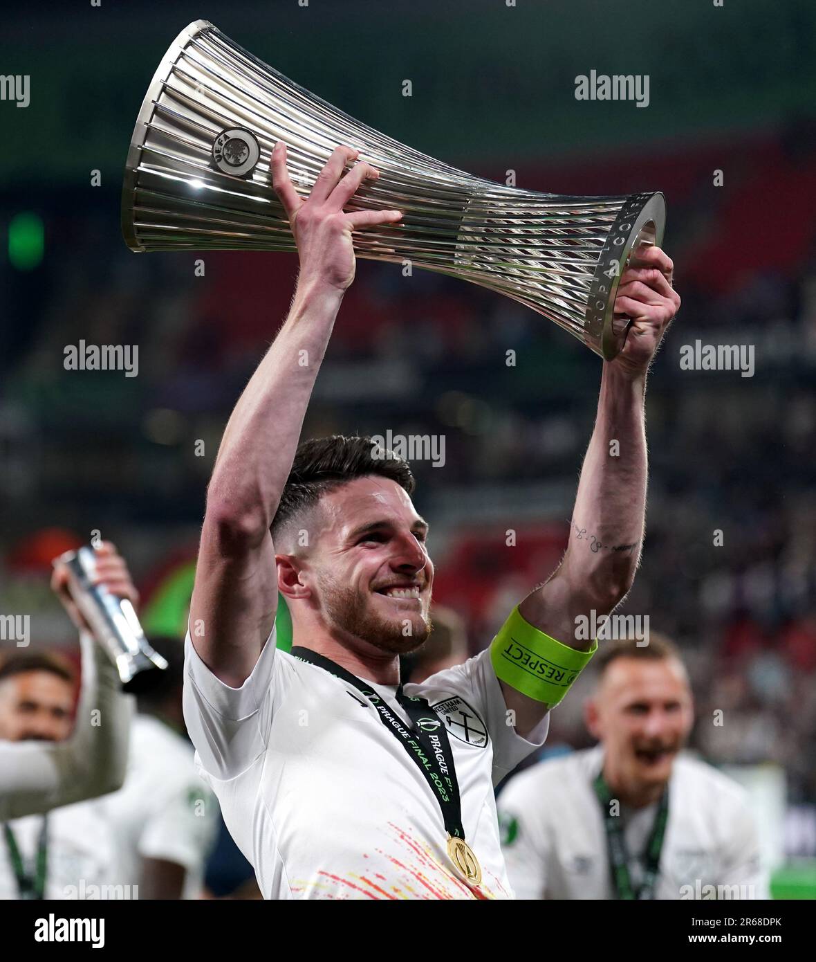 West Ham United's Declan Rice lifts the UEFA Europa Conference League ...