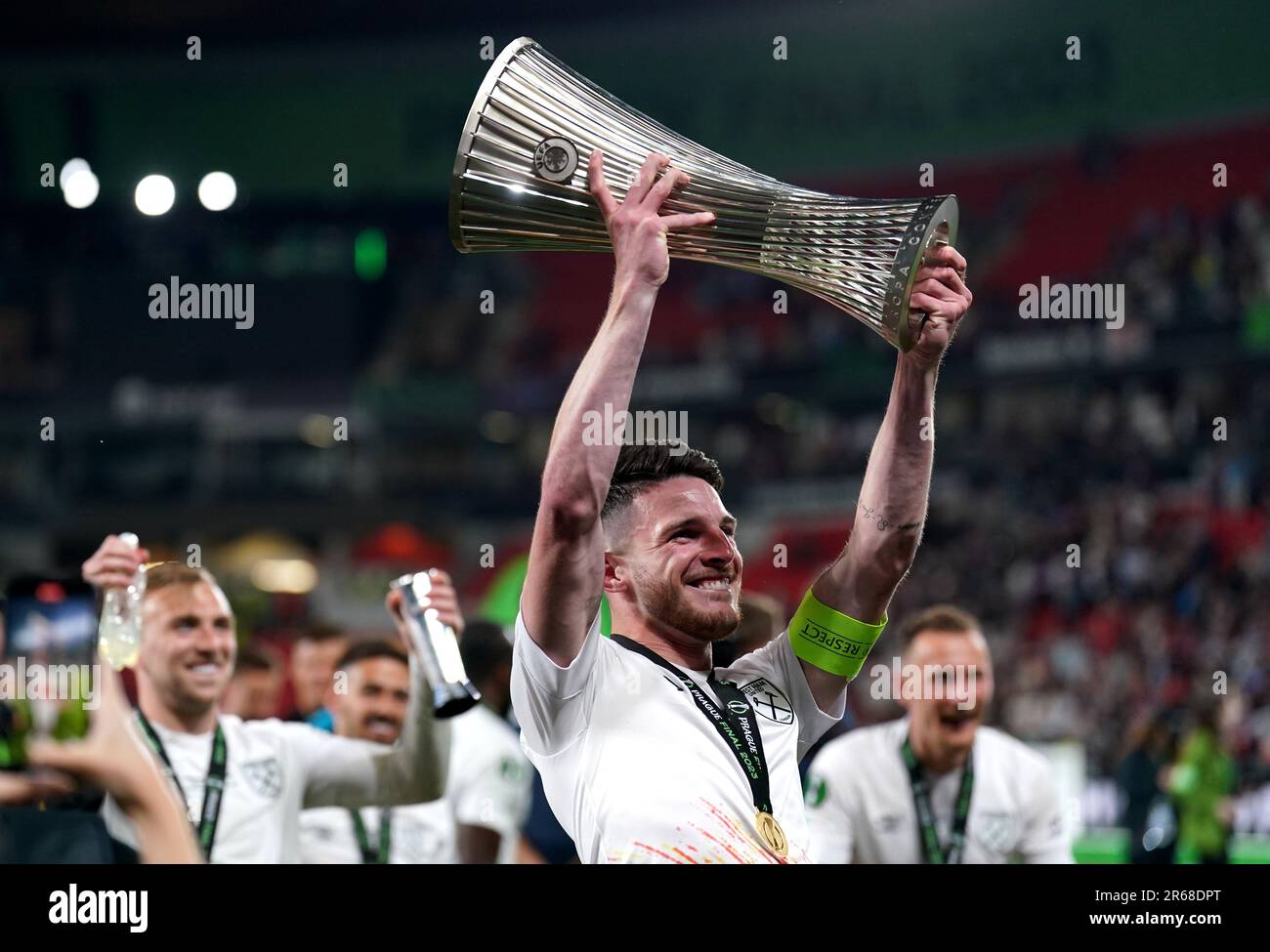 West Ham United's Declan Rice lifts the UEFA Europa Conference League ...