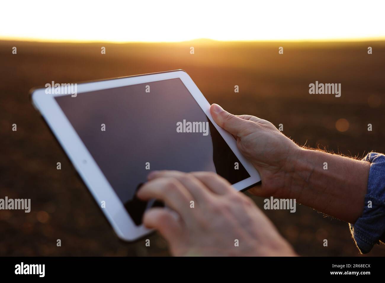 Cropped shot of male farmer's hands use digital tablet on plowed field ...