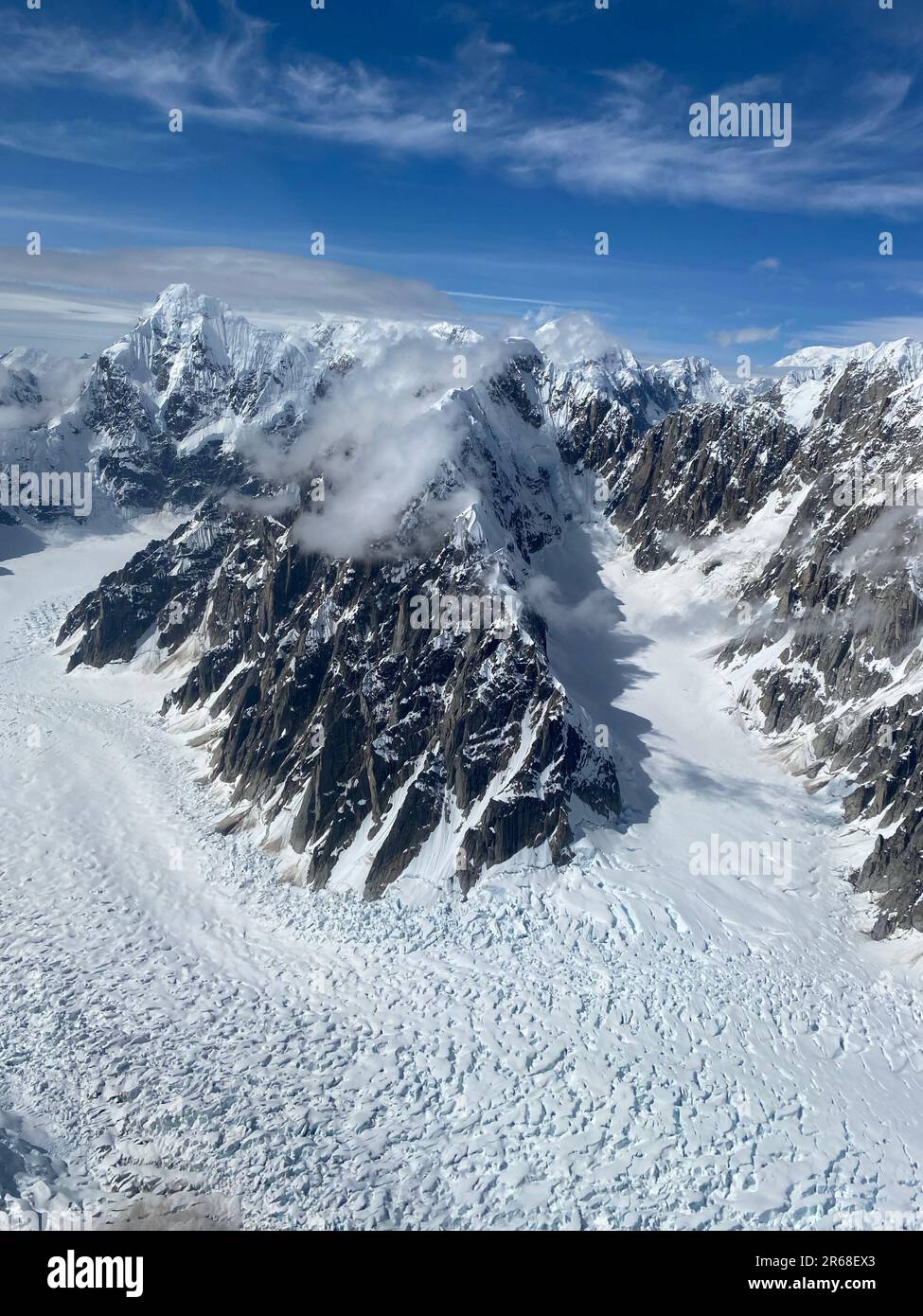 An aerial view of glaciers and mountains in Denali National Park ...