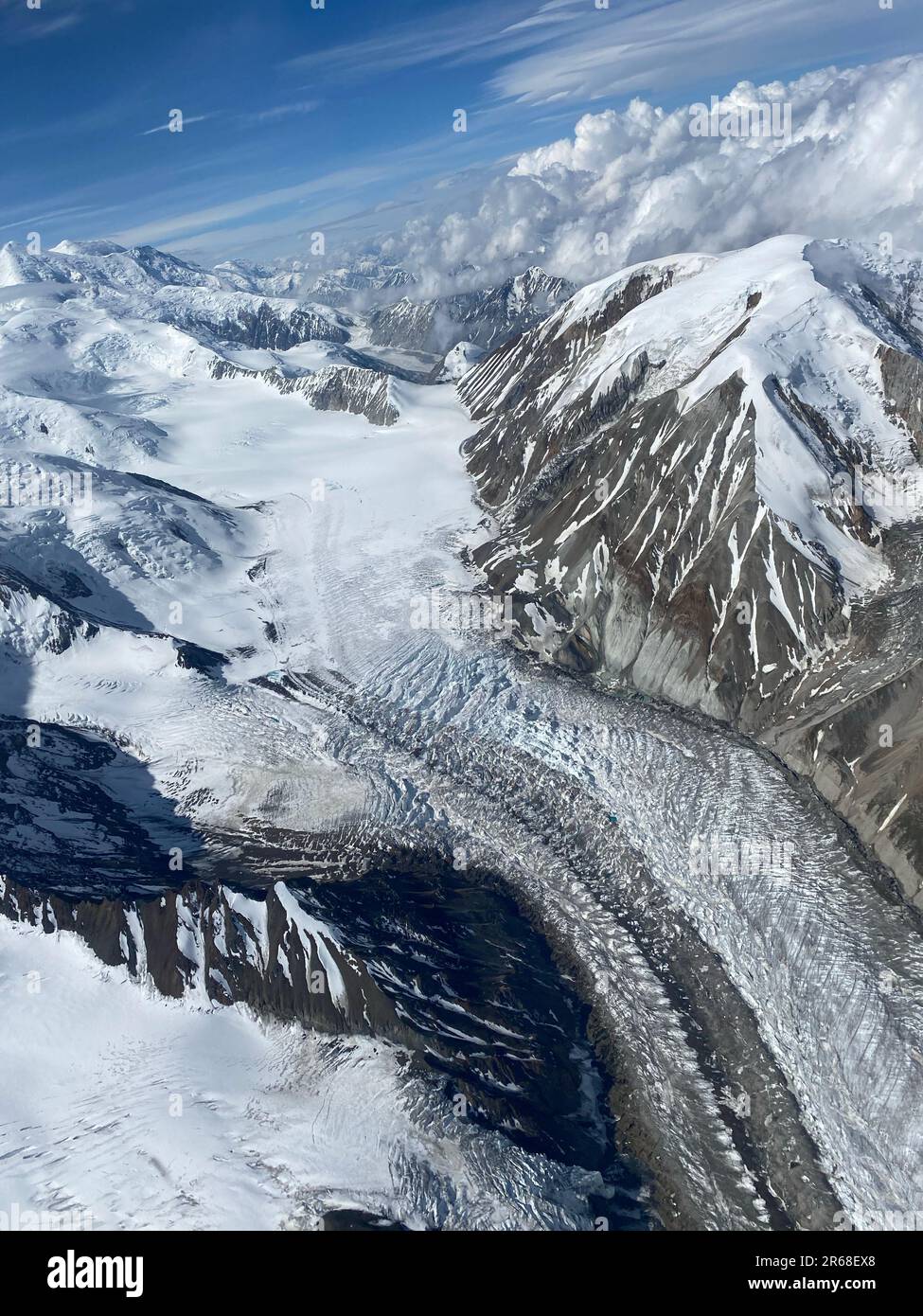 An aerial view of glaciers and mountains in Denali National Park ...