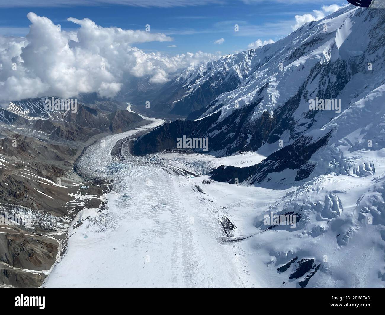 An aerial view of glaciers and mountains in Denali National Park ...