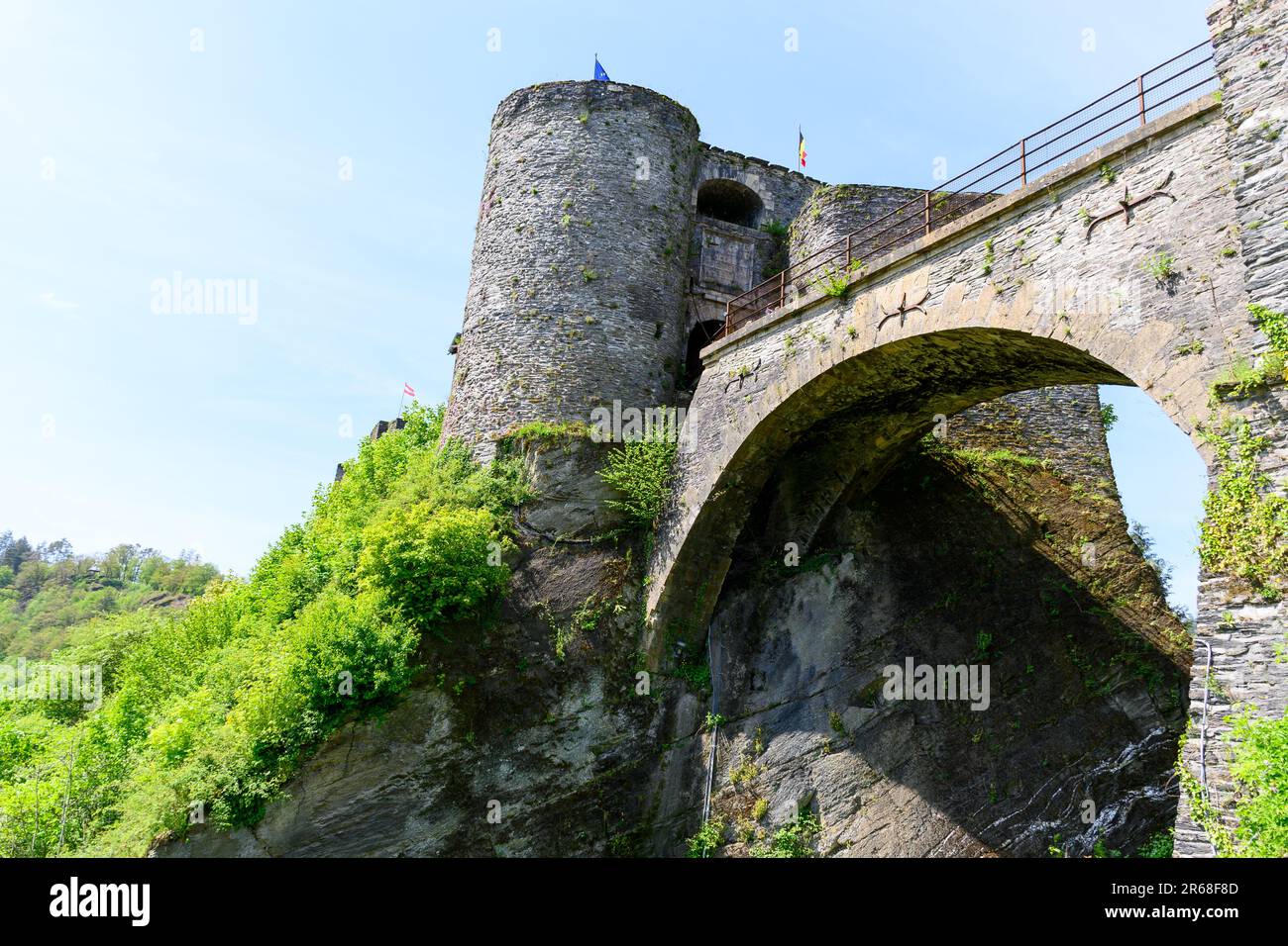 Walking in medieval town Bouillon with fortified castle on rock ...
