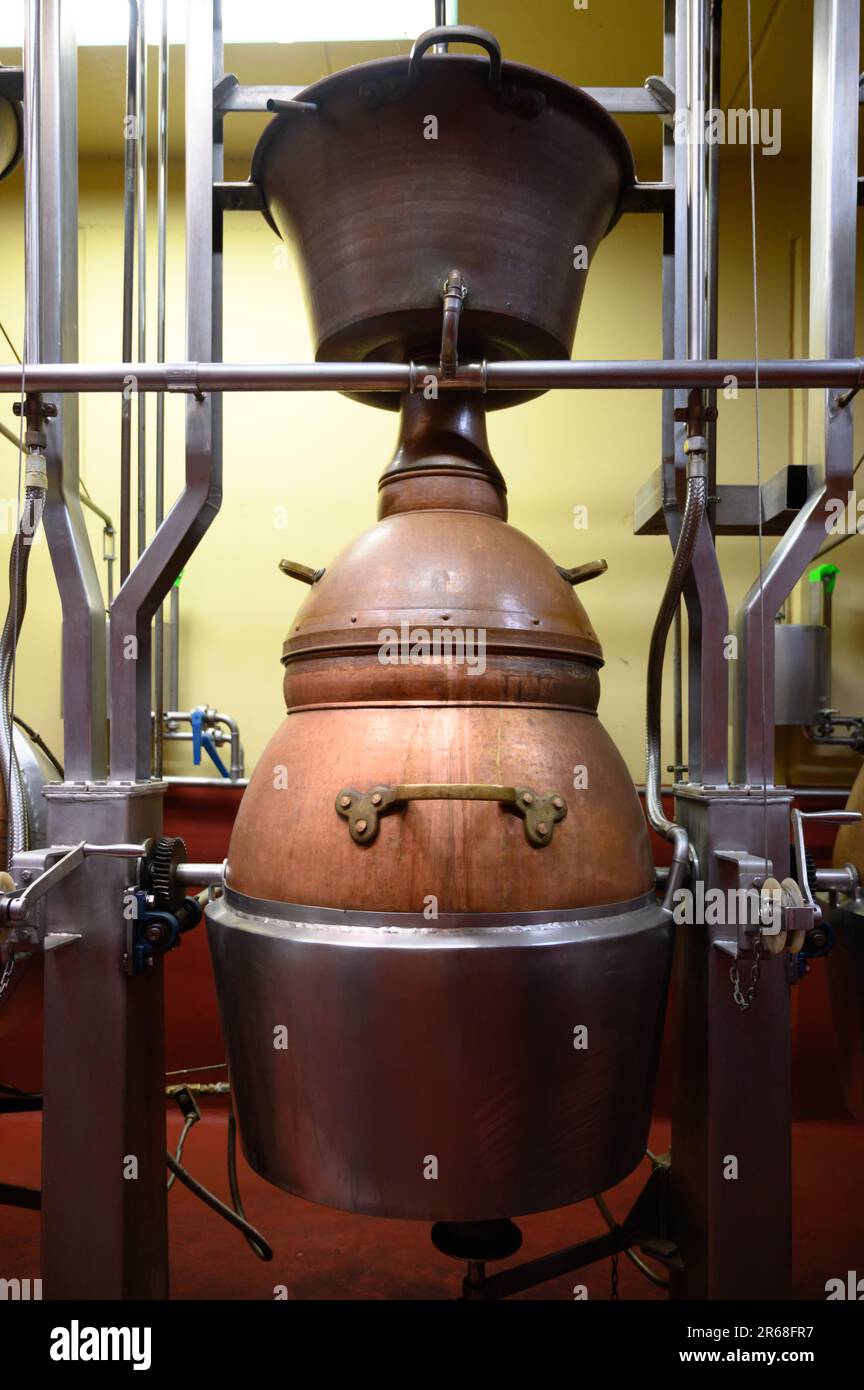 Gin alcoholic drink distillation process in copper tanks in Spanish ...