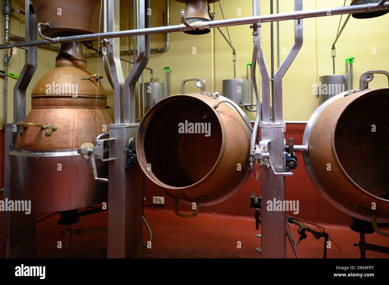 Gin alcoholic drink distillation process in copper tanks in Spanish ...