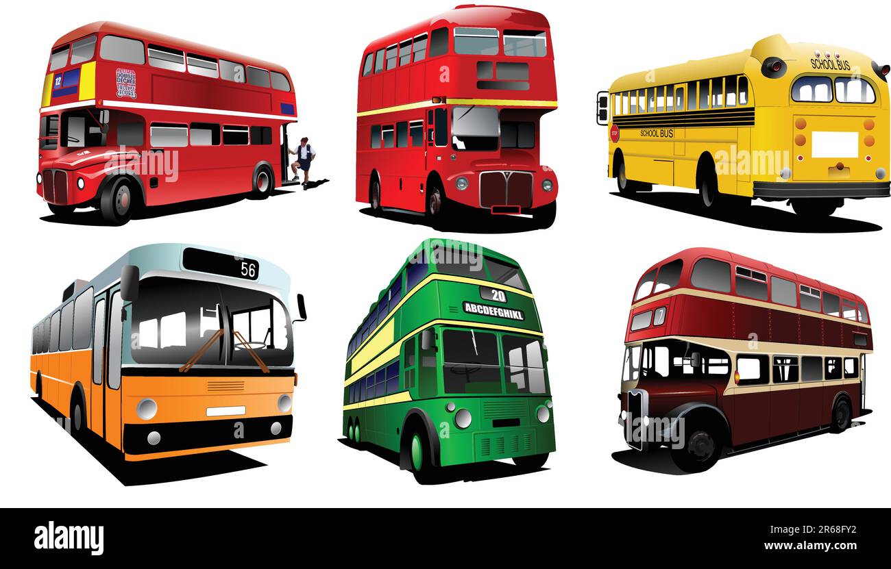 Six city buses. Coach. School bus. EPS10 Vector illustration for ...