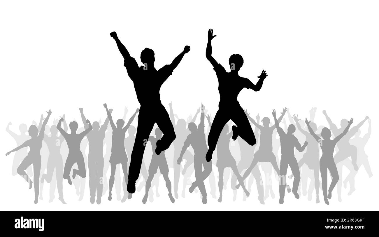 Editable vector illustration of people jumping in celebration with ...