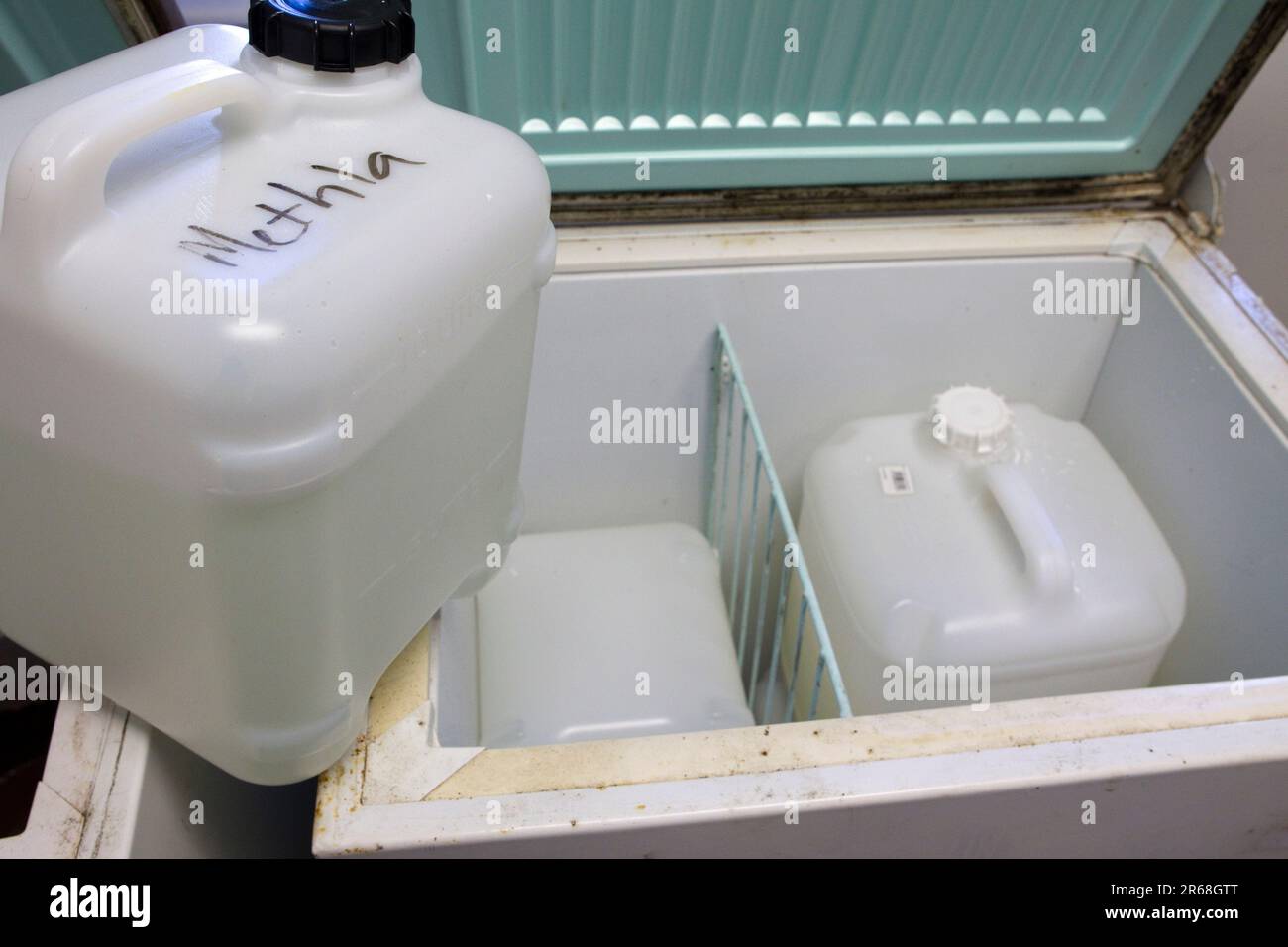 Plastic containers used to house solvents or waste products on display ...