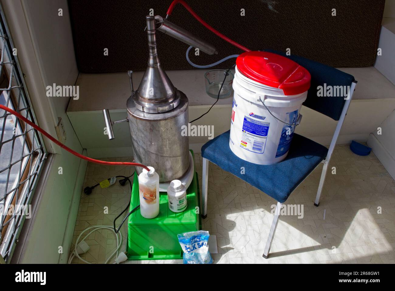 A parr bombe apparatus on display at a reconstruction of a P Lab, also ...