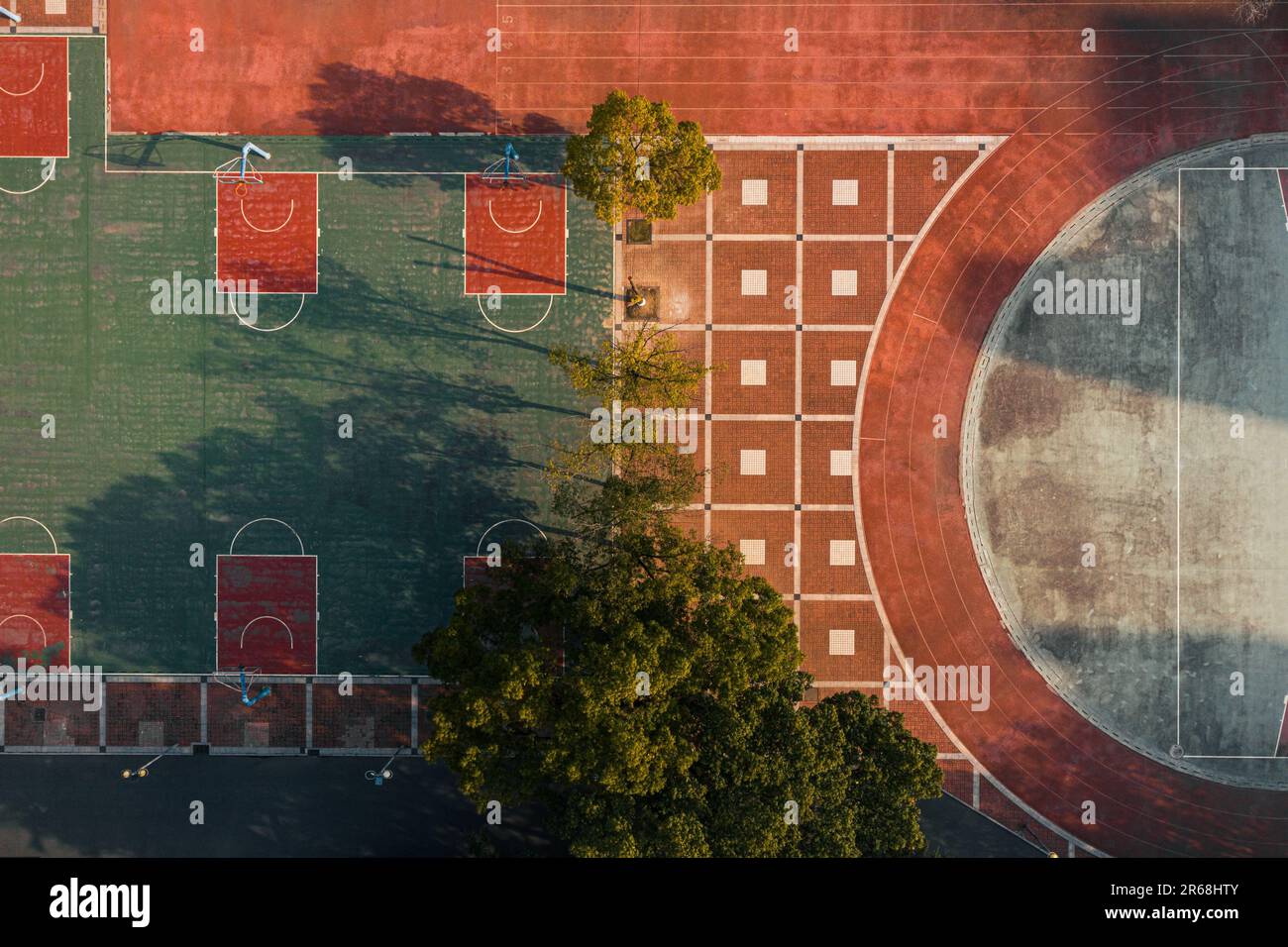 An aerial top view of a large basketball court with many hoops Stock ...