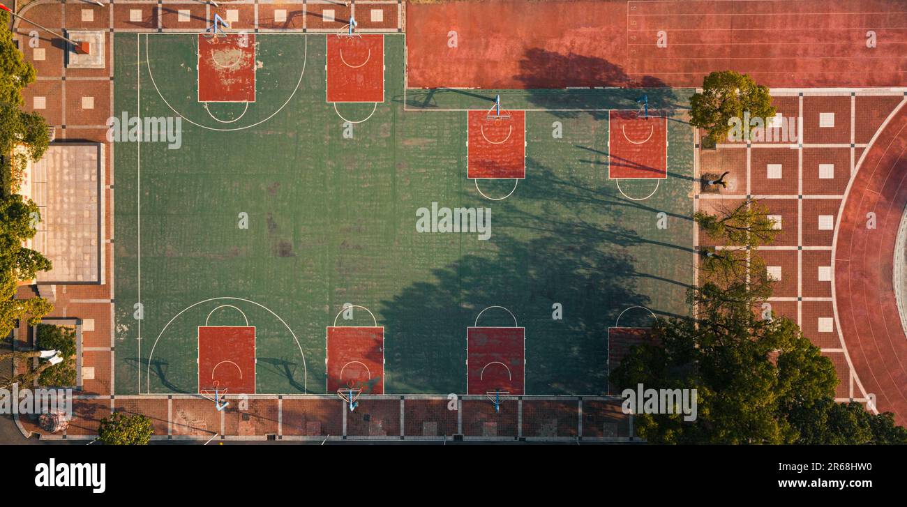 An aerial top view of a large basketball court with many hoops Stock ...
