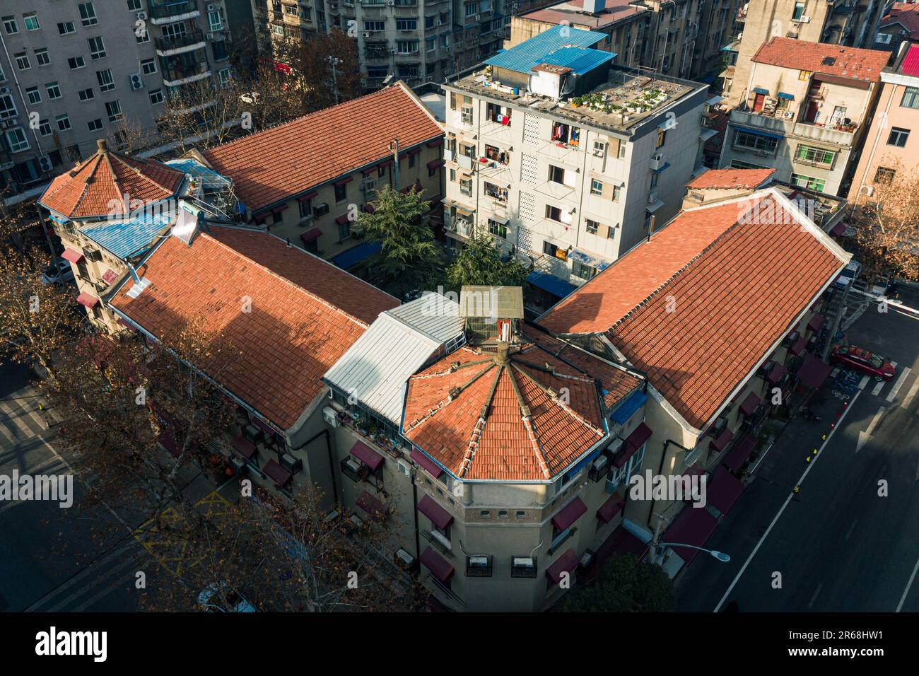 An aerial view of historic and residential buildings with terracotta ...