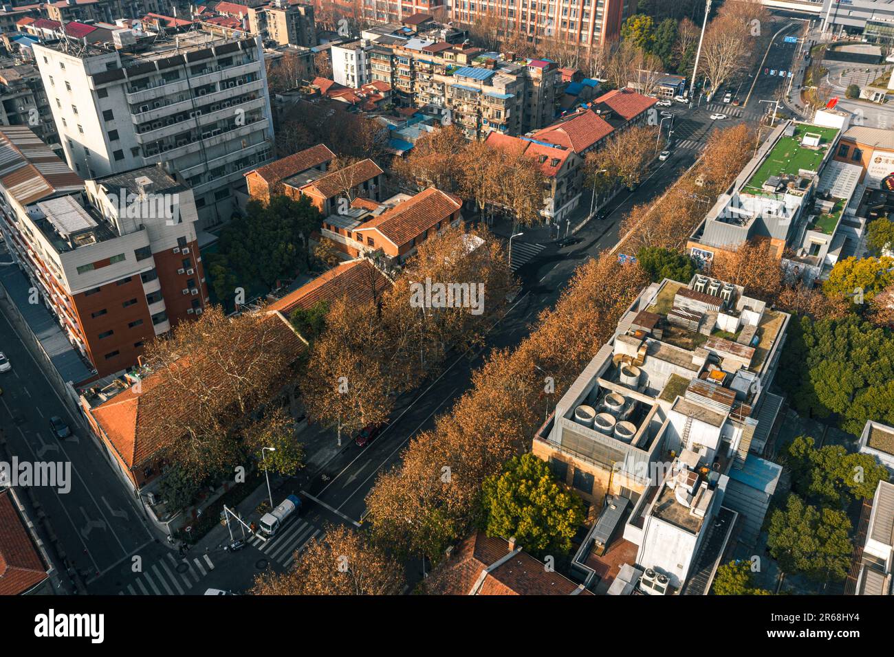An aerial view of historic and residential buildings in Wuhan, China ...