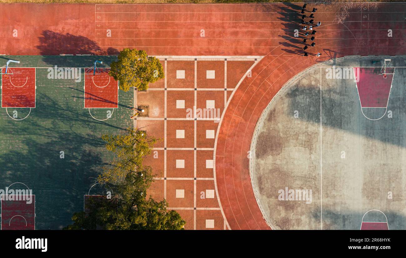 An aerial top view of a large basketball court with many hoops Stock ...