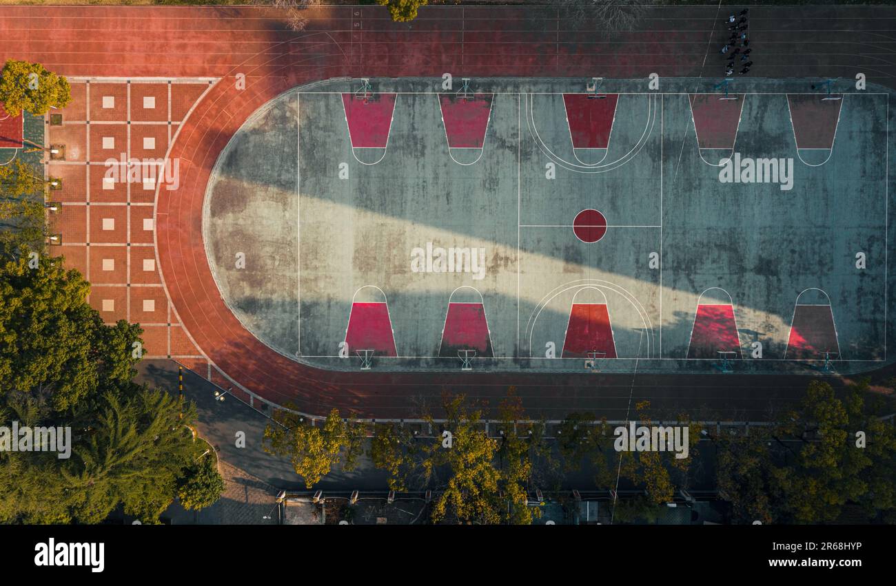 An aerial top view of a large basketball court with many hoops Stock ...